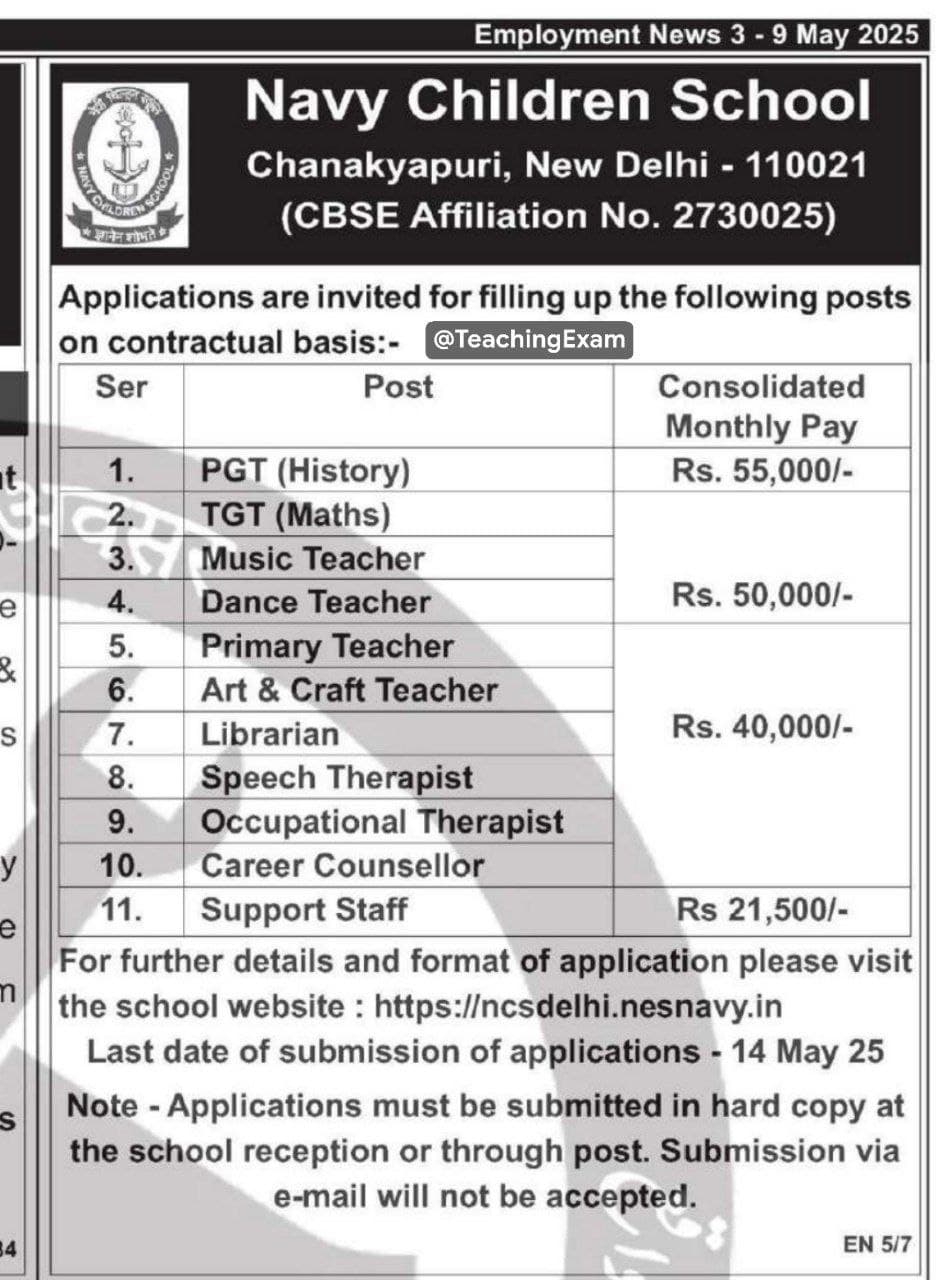 Navy Children School Recruitment 2025: Apply Offline For Teaching And ...